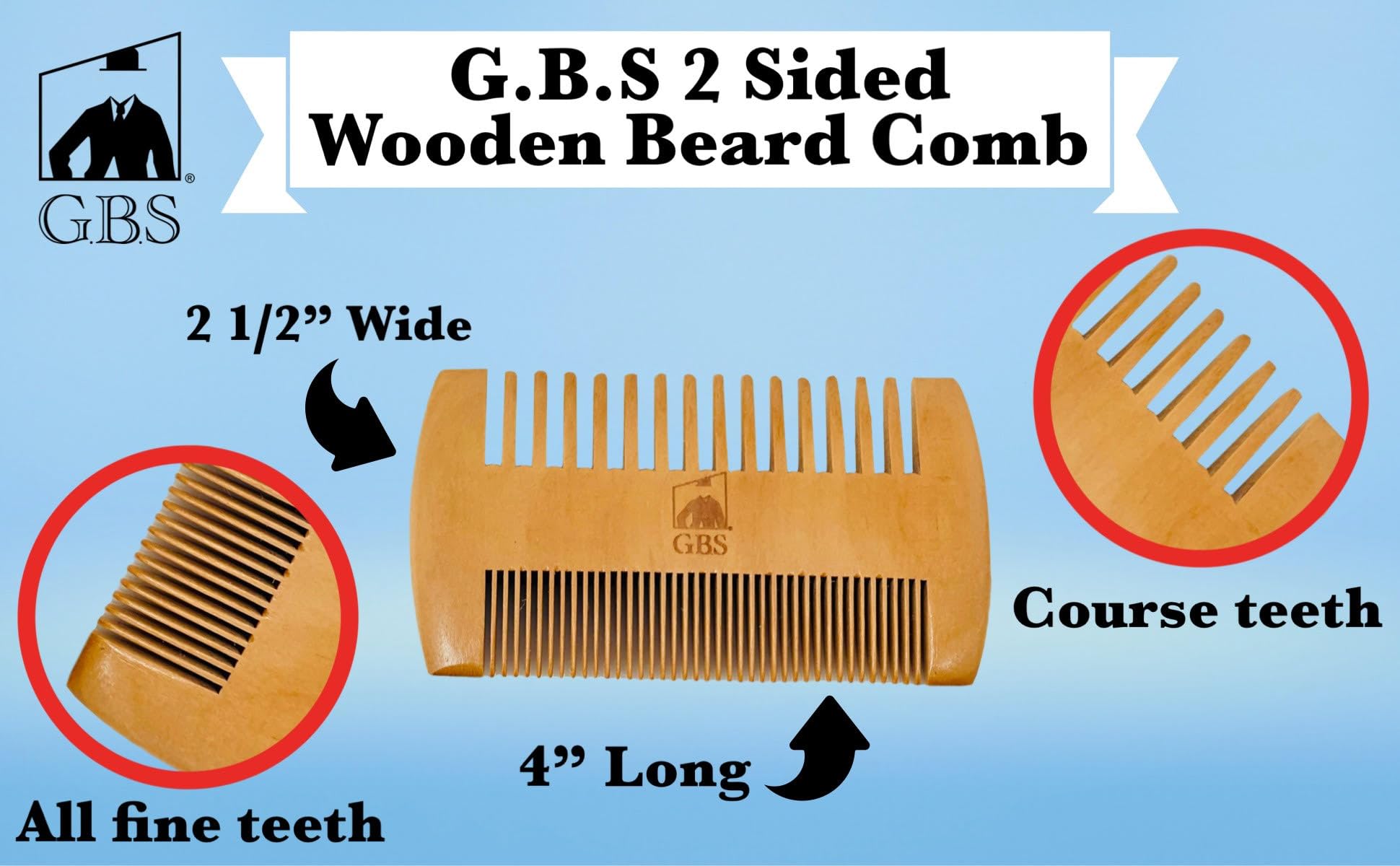 G.B.S 2 Sided Beard Comb - Pocket Sized Wooden Beard & Mustache Comb with Fine & Coarse Teeth - Perfect for Use with Beard Balms, Mustache Wax and Oils (Pack of 3)