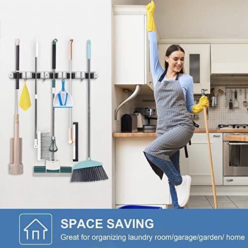 IMILLET 2 Pack Broom Holder Wall Mount, Broom Holder Stainless Steel 5 Racks with 4 Hooks Broom Organizer Wall Mount Self Adhesive Laundry Room Organization Heavy Duty Garage Organization Storage