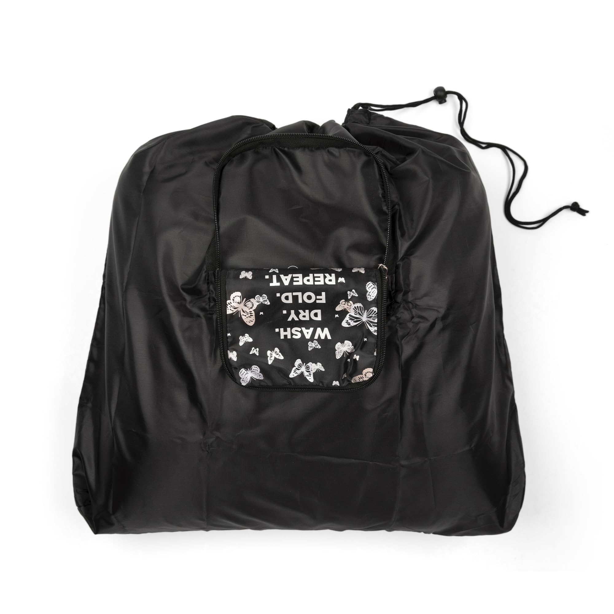 MIAMICA Miamica Foldable Travel Laundry Bag, Black Butterfly, Wash, Dry, Fold, Repeat, 21'' x 22'' β Lightweight, Durable Design with Drawstring Closure