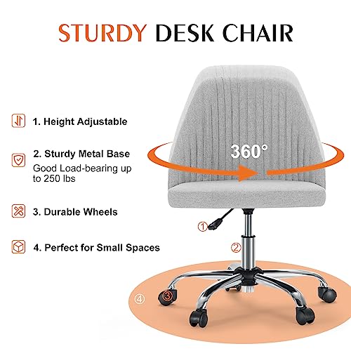 Armless Office Chair Cute Desk Chair, Modern Fabric Home Office Desk Chairs with Wheels Adjustable Swivel Task Computer Vanity Chair for Small Spaces