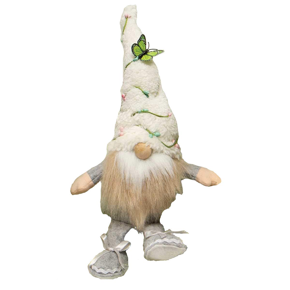 Fairy Garden Gnome T4111 Two Tone Beard Fuzzy Hat Berry Vine Butterfly 14" H