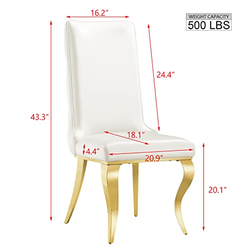 AZhome Dining Chairs, White Faux Leather Upholstered Dining Room Chairs in Button-Tufted Back, Dining Chairs with Gold Legs for Kitchen Dining Room, Set of 2
