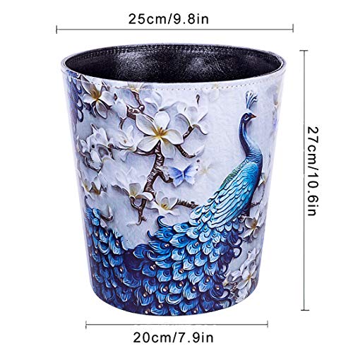 ALiquid Leather Trash Can, 2.64 Gallon PU Leather Garbage Bin for Home Cafe and Barber Shop, Waterproof Wastebasket with Pattern - Blue Peacock
