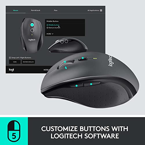 Logitech M705 Marathon Wireless Mouse, 2.4 GHz USB Unifying Receiver, 1000 DPI, 5-Programmable Buttons, 3-Year Battery, Compatible with PC, Mac, Laptop, Chromebook - Black
