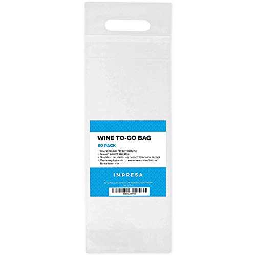 IMPRESA - Clear Plastic To Go Wine Bags with Handles - 50 Pack - Great for Restaurants, Bars, Travel, and Housewarming Gifts - Fits 25 oz Bottles - Tamper Proof Seal
