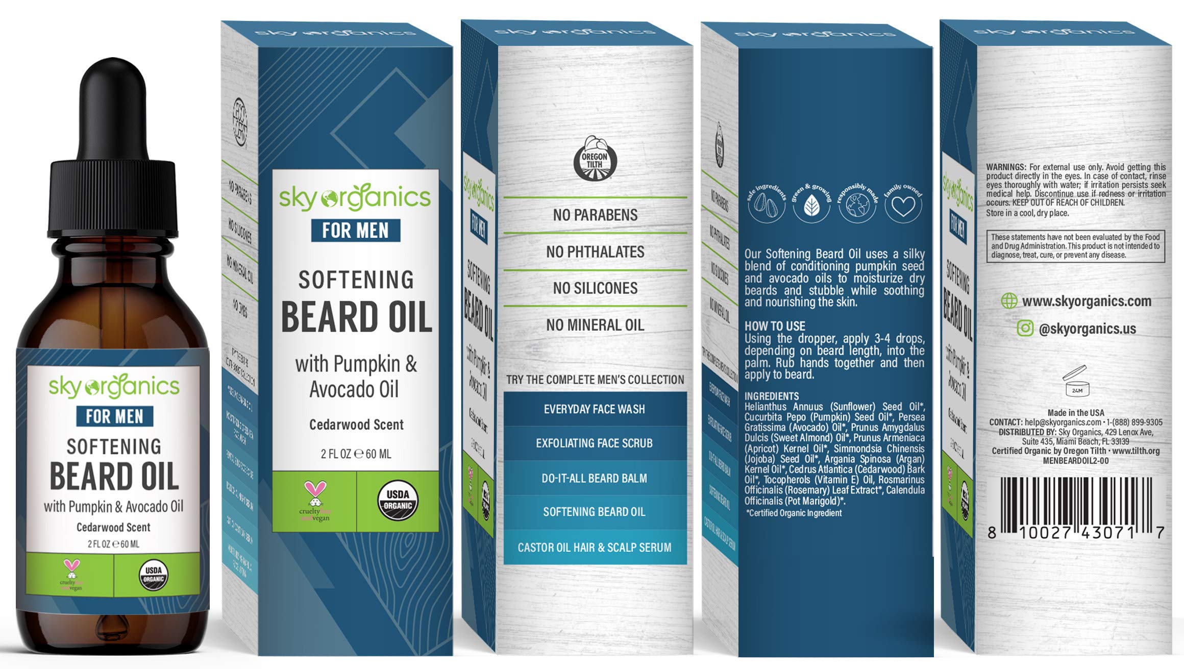 Sky Organics Men's Organic Softening Beard Oil for Face, USDA Certified Organic to Nourish, Condition & Soften, 2 fl. Oz