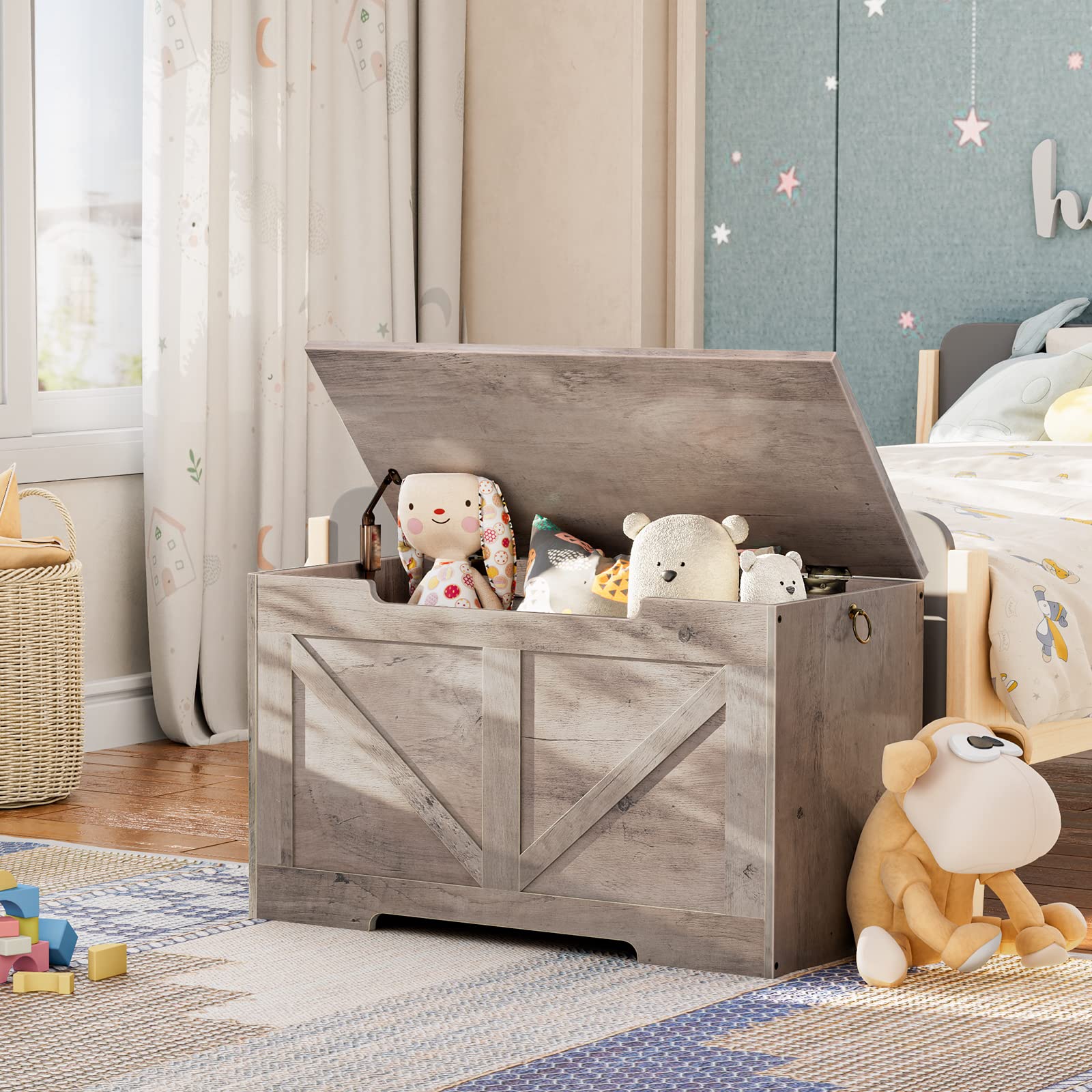 HOOBRO Storage Bench, 29.5” Retro Wooden Storage Chest with U-Shaped Cut-Out Pull, Safety Hinge, Supports 220 lb and Easy Assembly for Toy Box Organizer (Greige) BG77CW01