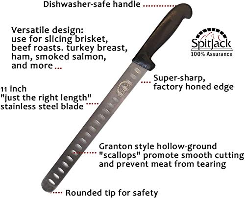 SpitJack BBQ Smoked Brisket Knife for Meat Carving and Slicing - SS, Granton Edge, 11 Inch Blade