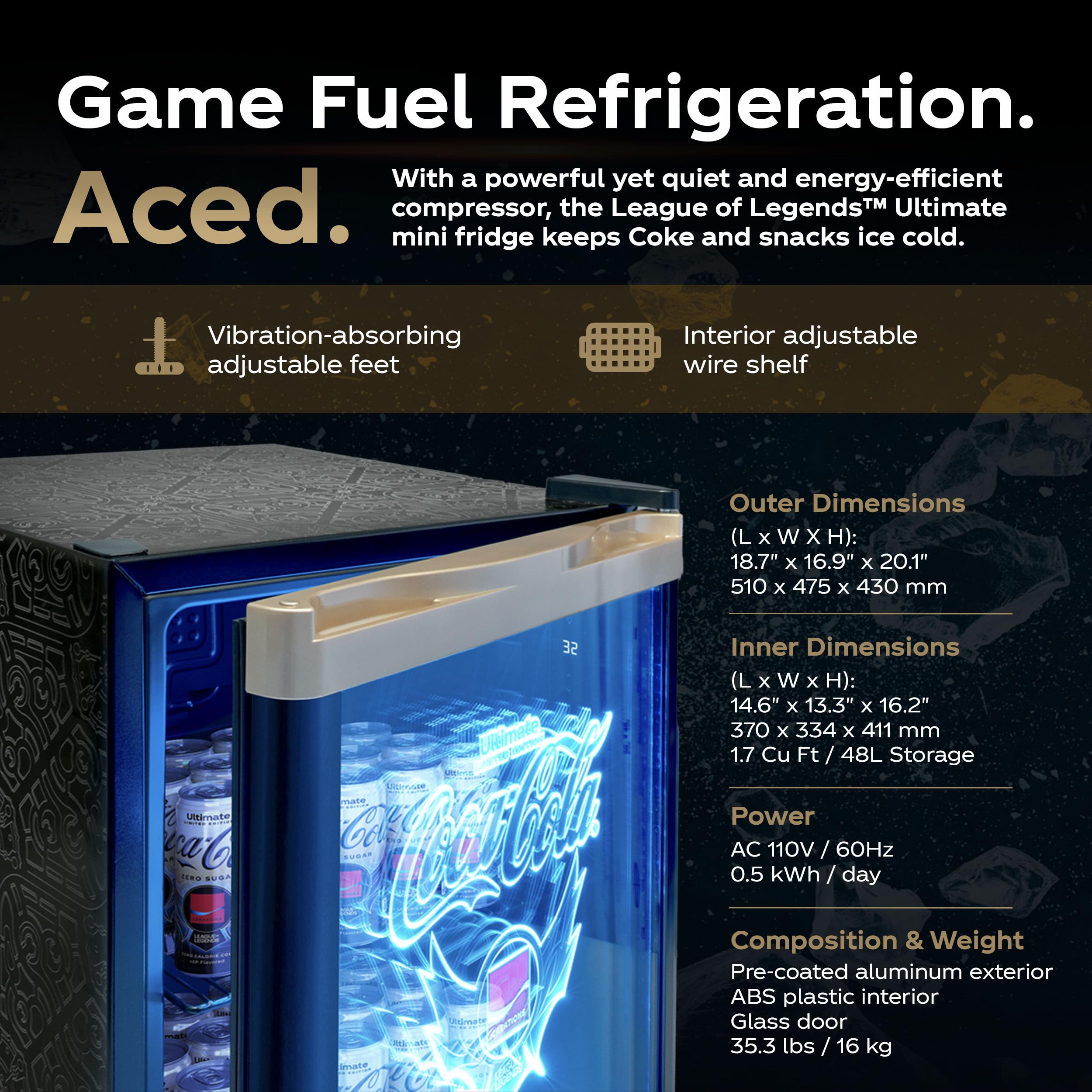 Cooluli League of Legends® Ultimate 48L Mini Fridge – Limited Edition Coca-Cola® Exclusive Gaming Room Mini Fridge, Cool LED lighting, Glass Door with Illuminating Logos and Temperature Controls