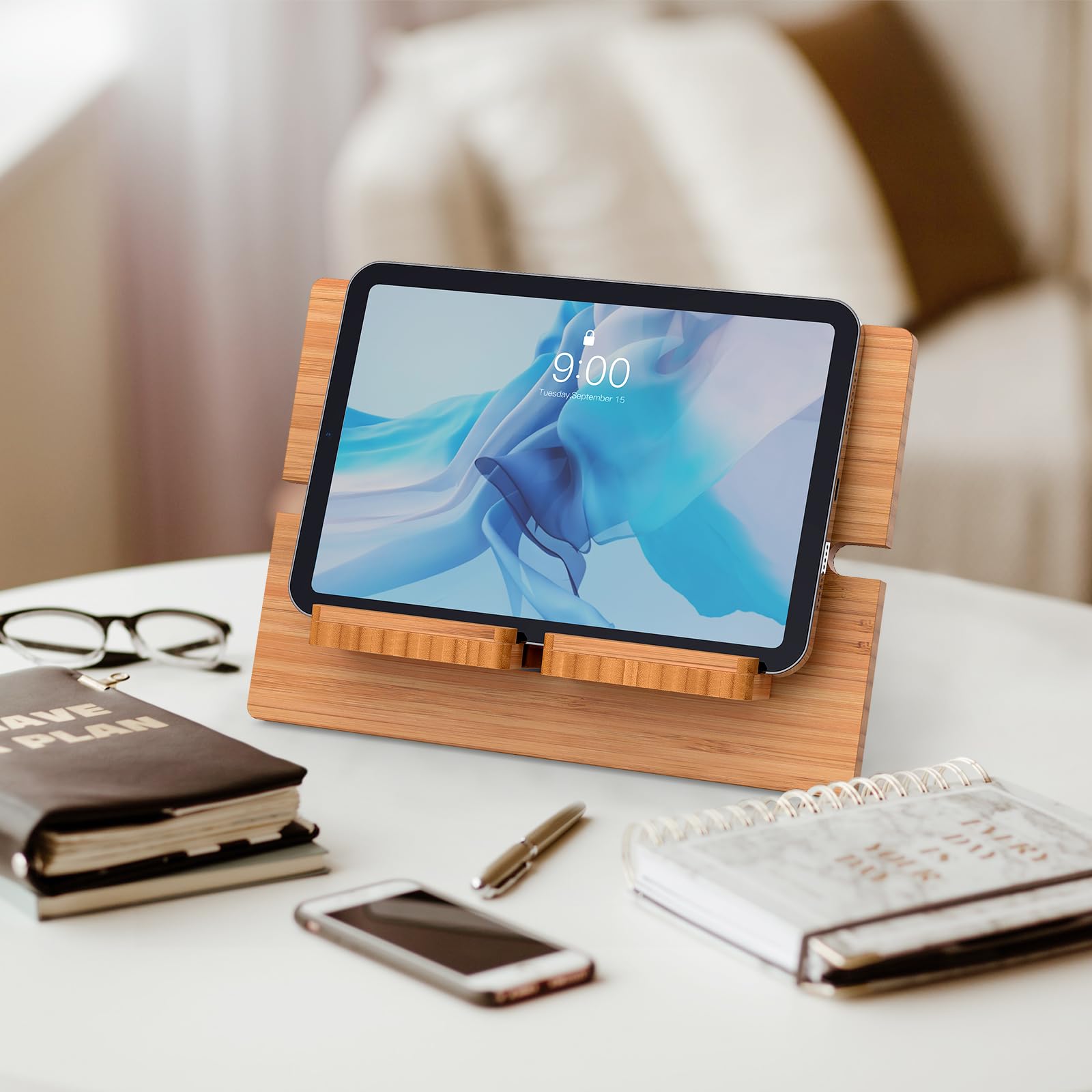 Pezin & Hulin Bamboo Tablet Stand Adjustable, Desktop Cell Phone Stand Holder Dock Compatible with Pad 9.7, 10.5, 12.9, Air 2 3 4 Mini, E-Reader, Phone 8 Plus X XS Max XR (Support to 4.7-13" Devices)