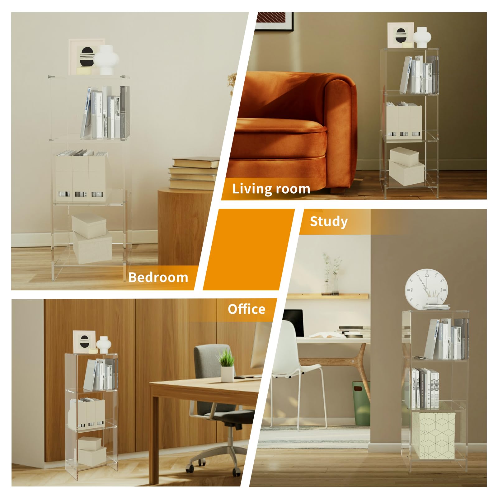 Nalwort Clear Acrylic Bookcase, 3-Tier Cube Storage Bookshelf, Modern Standing Display Bookshelf 31.5" Tall, Narrow Bookcase, Sturdy Open Book Shelf for Office, Living Room, Bedroom