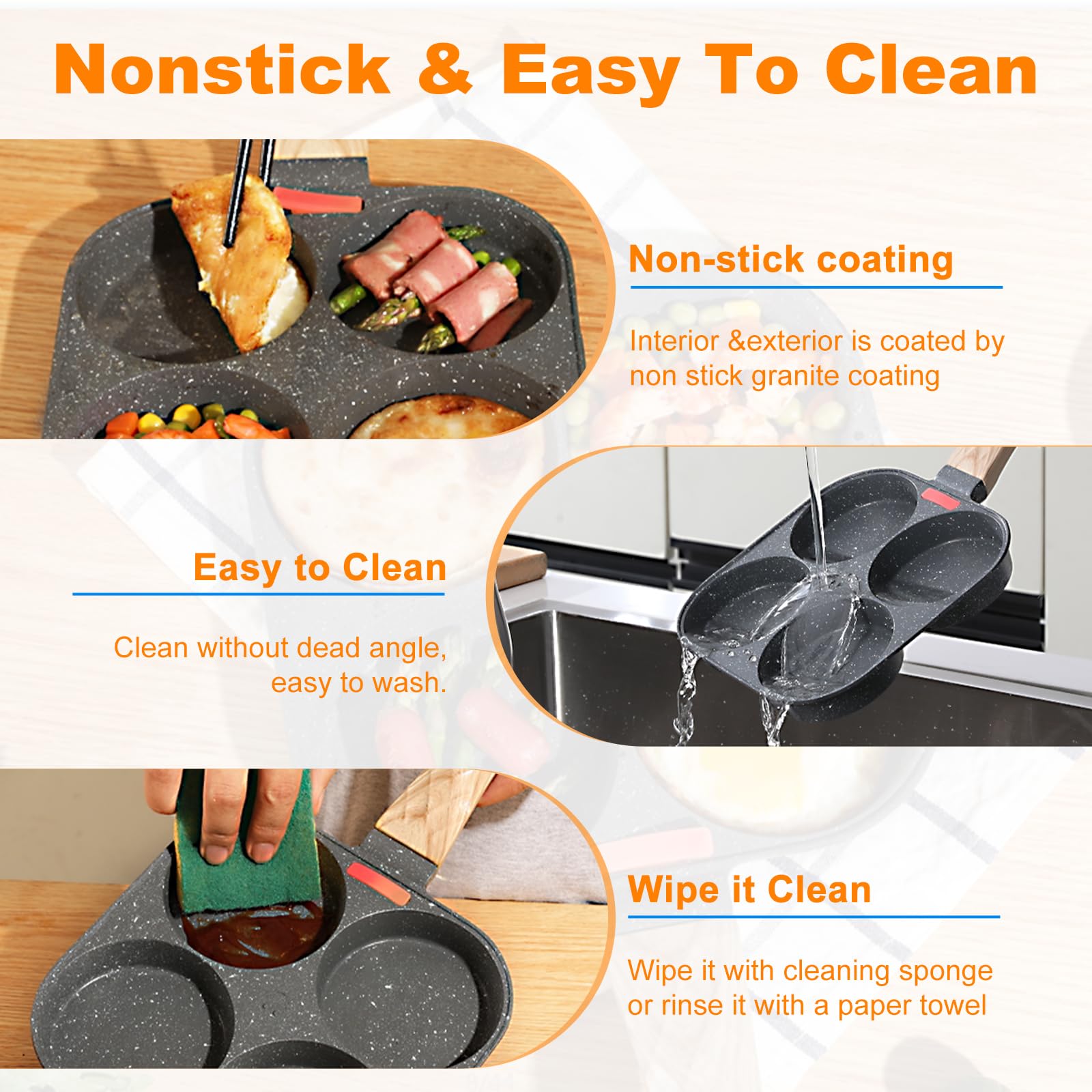 AHFLRITO Egg Pan, 4 Cup Egg Pans Nonstick, Healthy Breakfast Pancake Pan, Aluminum Omelette Pan, Easy Clean Small Egg Frying Pan, Fried Egg Cooker Suitable for Gas Stove & Induction Cookware