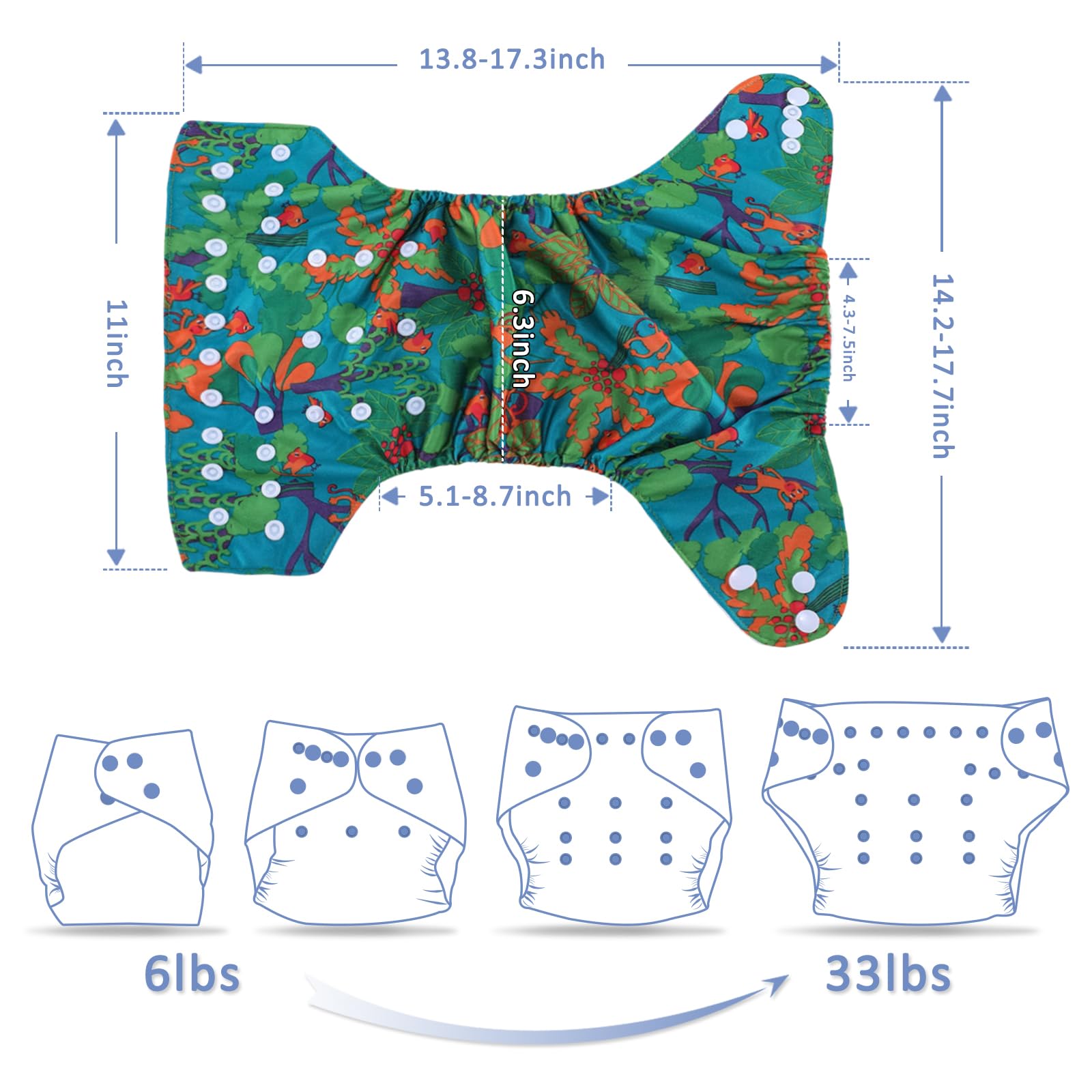 TDIAPERS Cloth Diapers Washable Reusable One Size Adjustable for Baby 6 Pack with 12 Inserts
