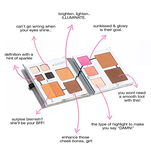 Woosh Beauty, Fold Out Face Palette w/Secret Brush, Travel, All in One, Neutral Cream & Powder Kit, 4 in 1 Nested Makeup Brush (#5 Deep)