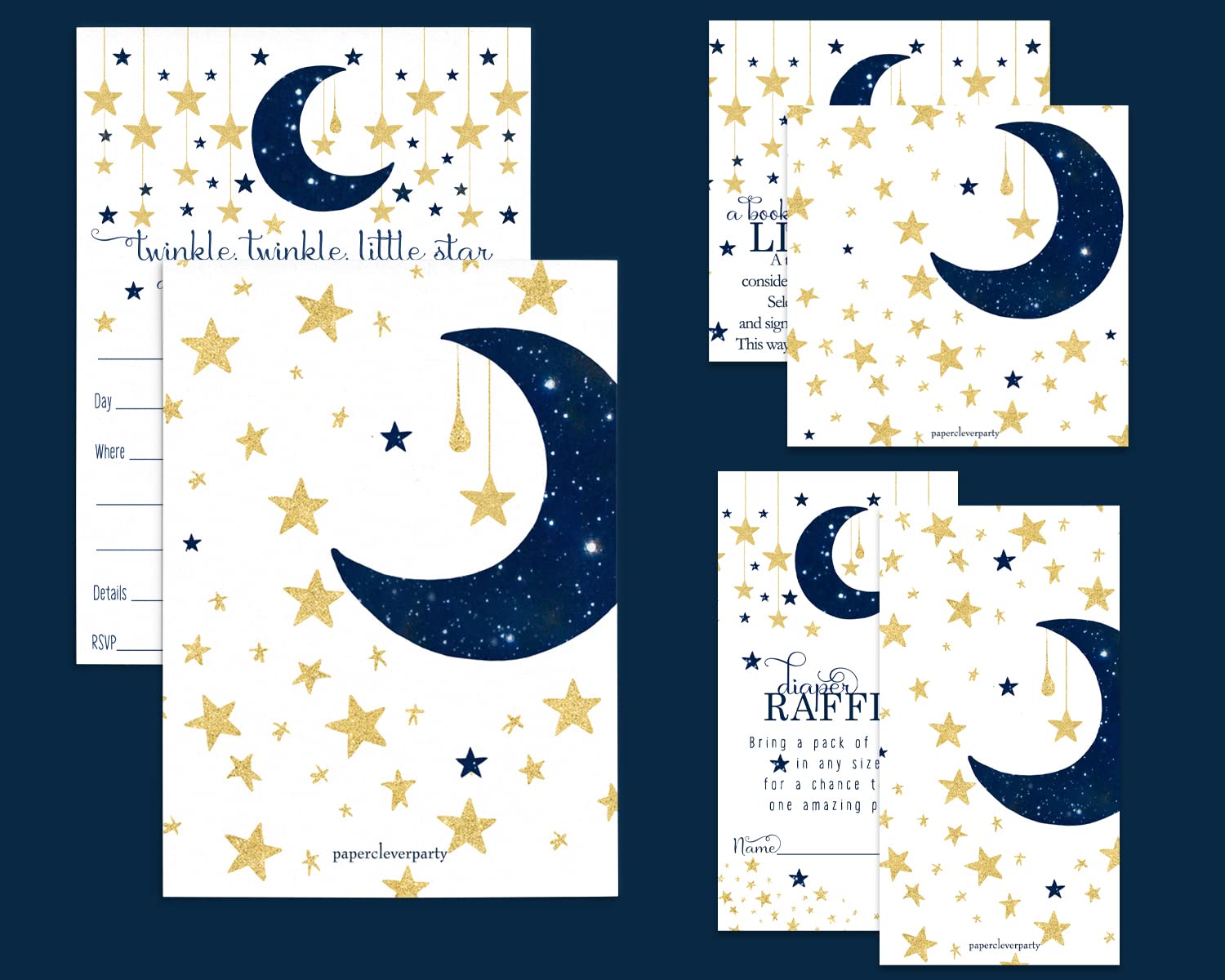 Twinkle Little Star Baby Shower Invitation Bundle (25 of Each) Blank Invites with Envelopes for Boys Diaper Raffle Insert and Bring a Book Insert Cards Set Navy and Gold Theme Celestial