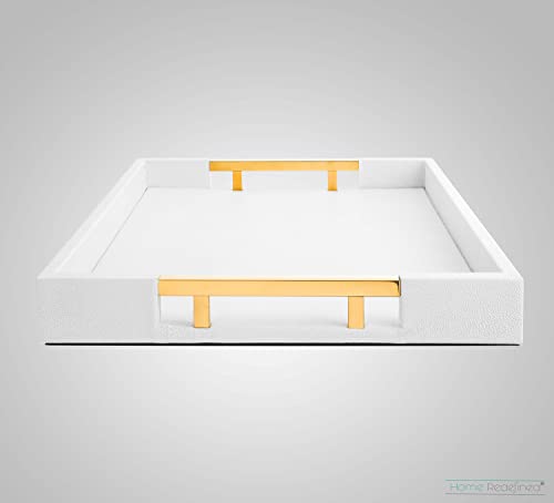 Modern Elegant 18"x12" Rectangle White Glossy Shagreen Decorative Ottoman Coffee Table Perfume Living Room Kitchen Serving Tray with Gold Polished Metal Handles by Home Redefined for All Occasion's