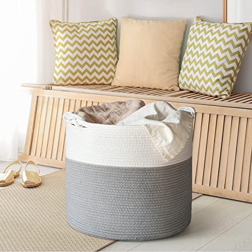 Goodpick Cotton Rope Basket with Handle for Baby Laundry Basket Toy Storage Blanket Storage Nursery Basket Soft Storage Bins-Woven Basket, 15'' × 15'' × 14.2''
