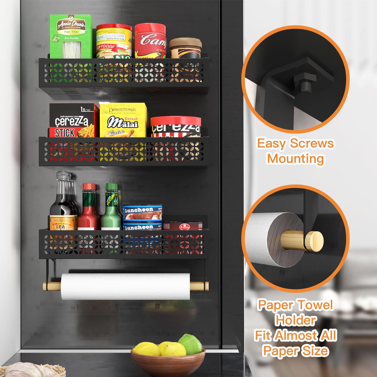 WASUMI Magnetic Spice Rack for Refrigerator, 4 Pack Magnetic Spice Rack Organizer with 2 Paper Towel Holders, Metal Spice Rack for Fridge, Microwave, Magnetic Storage Shelf for Saving Space, Black
