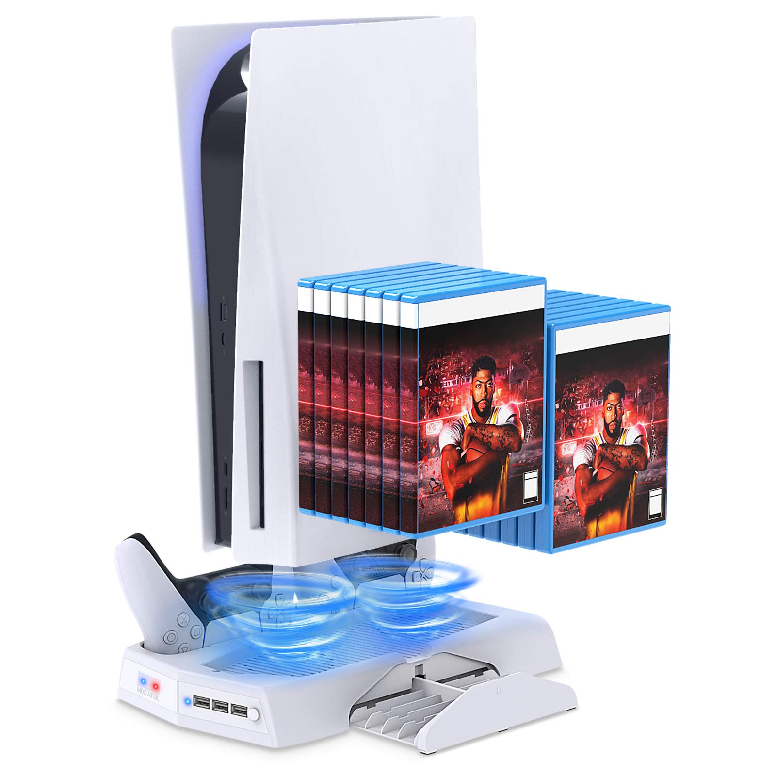 MENEEA Vertical Stand for PS5 Digital Edition/Ultra HD with Dual Controller Charging Station & Suction Cooling Fan & 14 Retractable Game Slots, for PS5 Gaming Accessories for PS5 Console