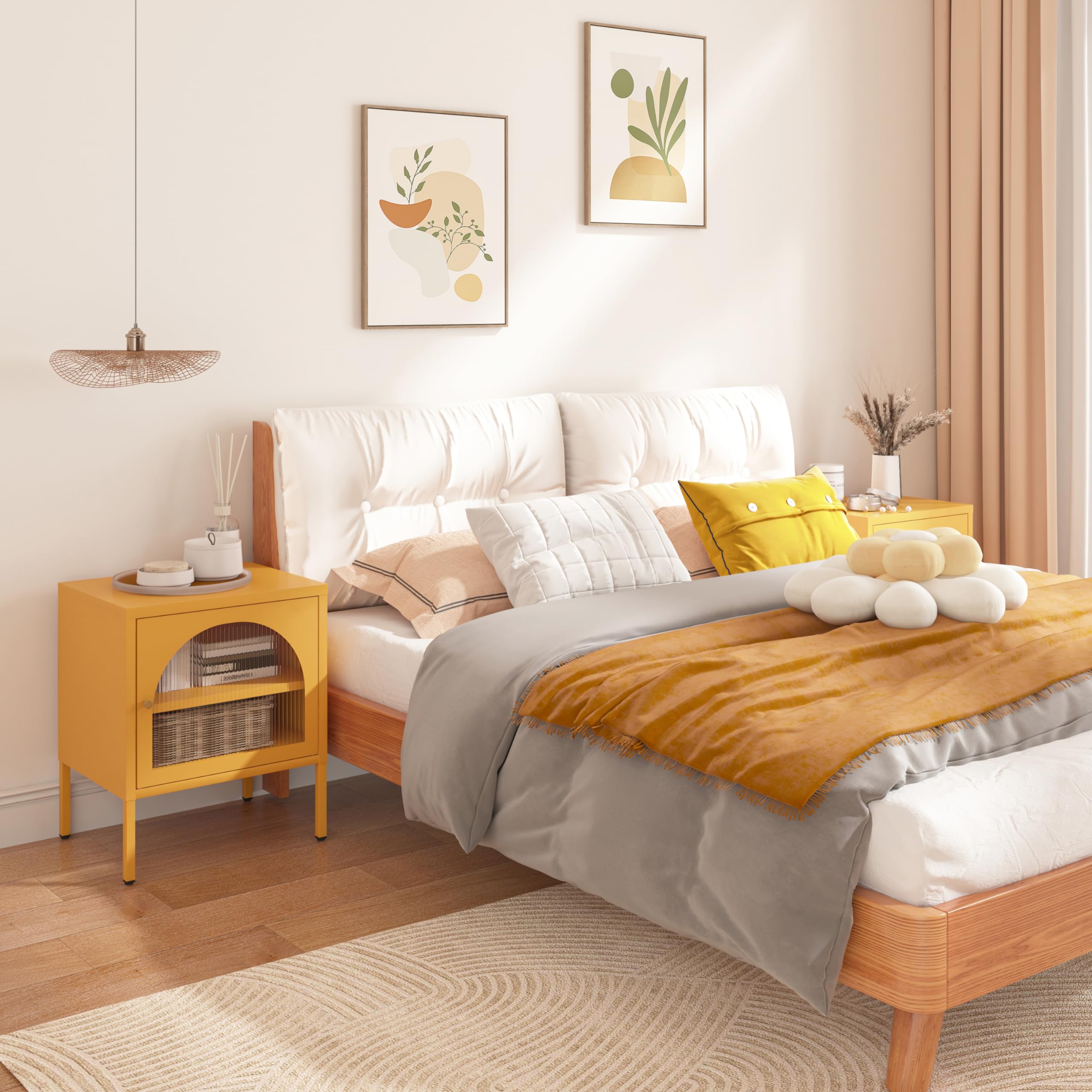 Aiasuit Single Door Nightstand Bedroom Bedside Table Adjustable Frosted Texture Storage Side Cabinet Glass Coffee Table Storage Cabinet Solid Room Side Table Yellow Size: 23.62”H x 19.68”W x 13.88”D