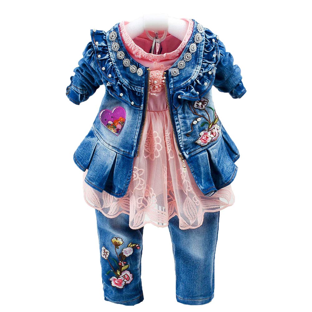 Peacolate 6M-4Years Spring Fall Baby Girls Clothing Set 3pcs Long Sleeve Dress Denim Jacket and Jeans(Pink,6-12Months)