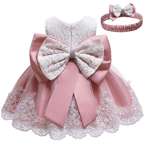 KILO&METERS Christening Lace Flower Baby Girl Dress Princess Formal Prom Tutu Ball Gown, Bean Powder, 3M.