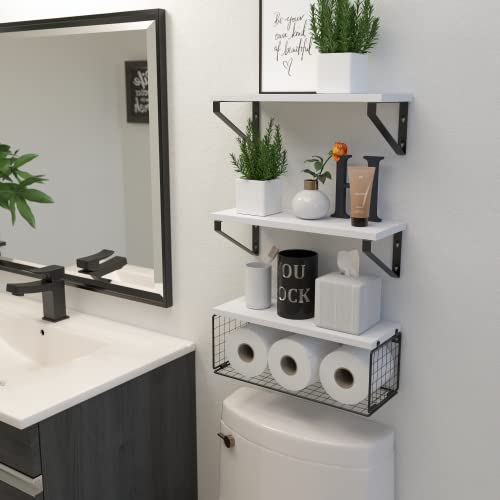 DOLLFIO Floating Shelves for Bathroom with Basket, Wooden Wall Shelves, Floating Shelves for Wall Décor, Wall Mounted Floating Shelf for Bathroom, Floating Shelf for Wall, Bedroom, Living Room–White