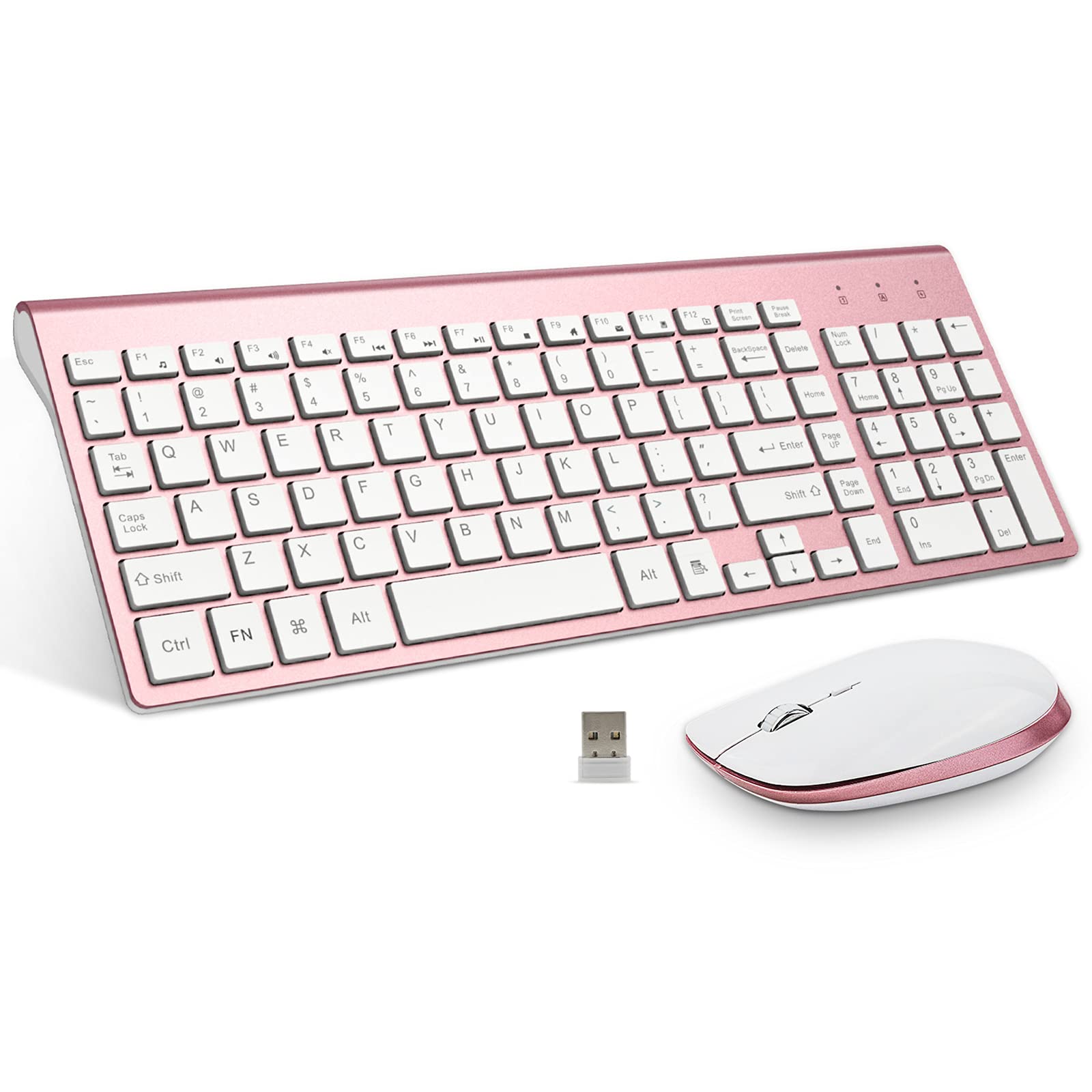Wireless Keyboard and Mouse, FENIFOX Full-Size Whisper-Quiet Compact Compatible with Mac PC Laptop Tablet Notebook Windows - Rose Gold Pink