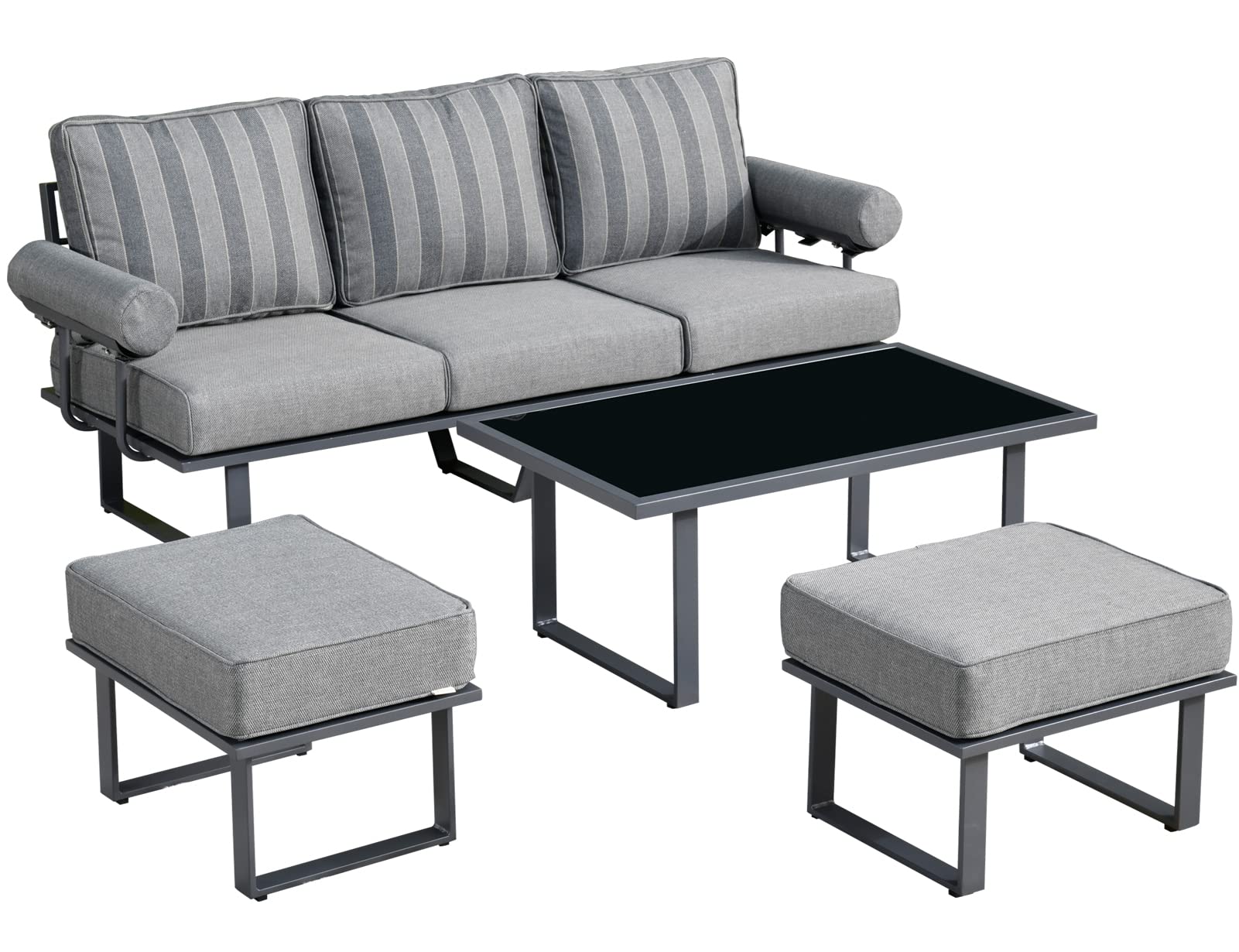 ovios Patio Furniture Set 6 Pieces Outdoor Aluminum Sofa Couch with Coffee Table Ottomans Cushions High Back Sofa All Weather Conversation Set, Black-Grey Stripe