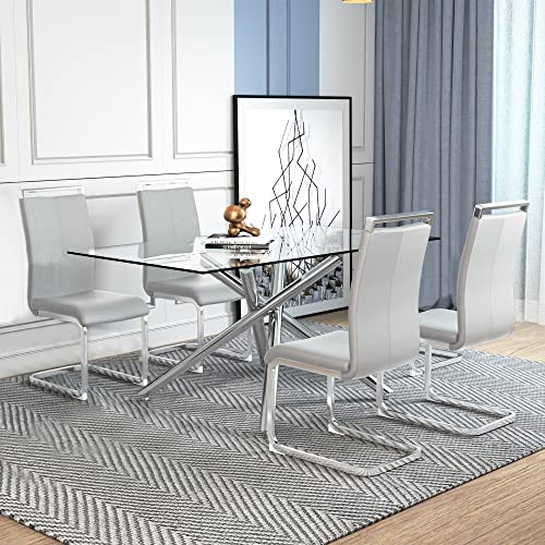 63 inch Glass Dining Table for 6, Silver Legs Rectangular Glass Kitchen Table, Glass Top Dining Table for 4-6 Persons Table Furniture for Home Office Kitchen Dining Room