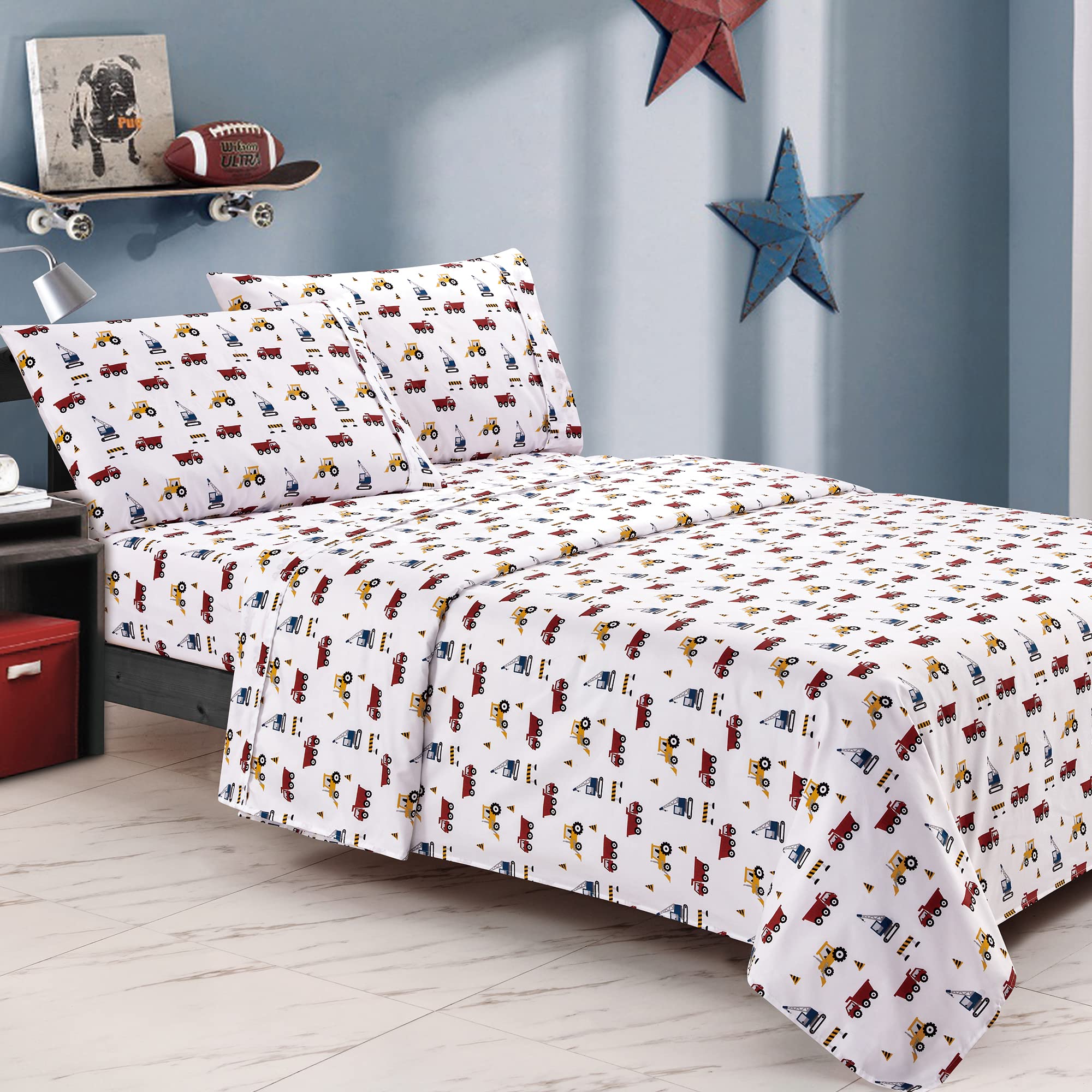 Viviland Kids Twin Sheet Set - Twin Size Printed Boys Bed Sheets - Kids Boys Toddlers Breathable Fitted Bed Sheet Twin - Excavator Toys Theme
