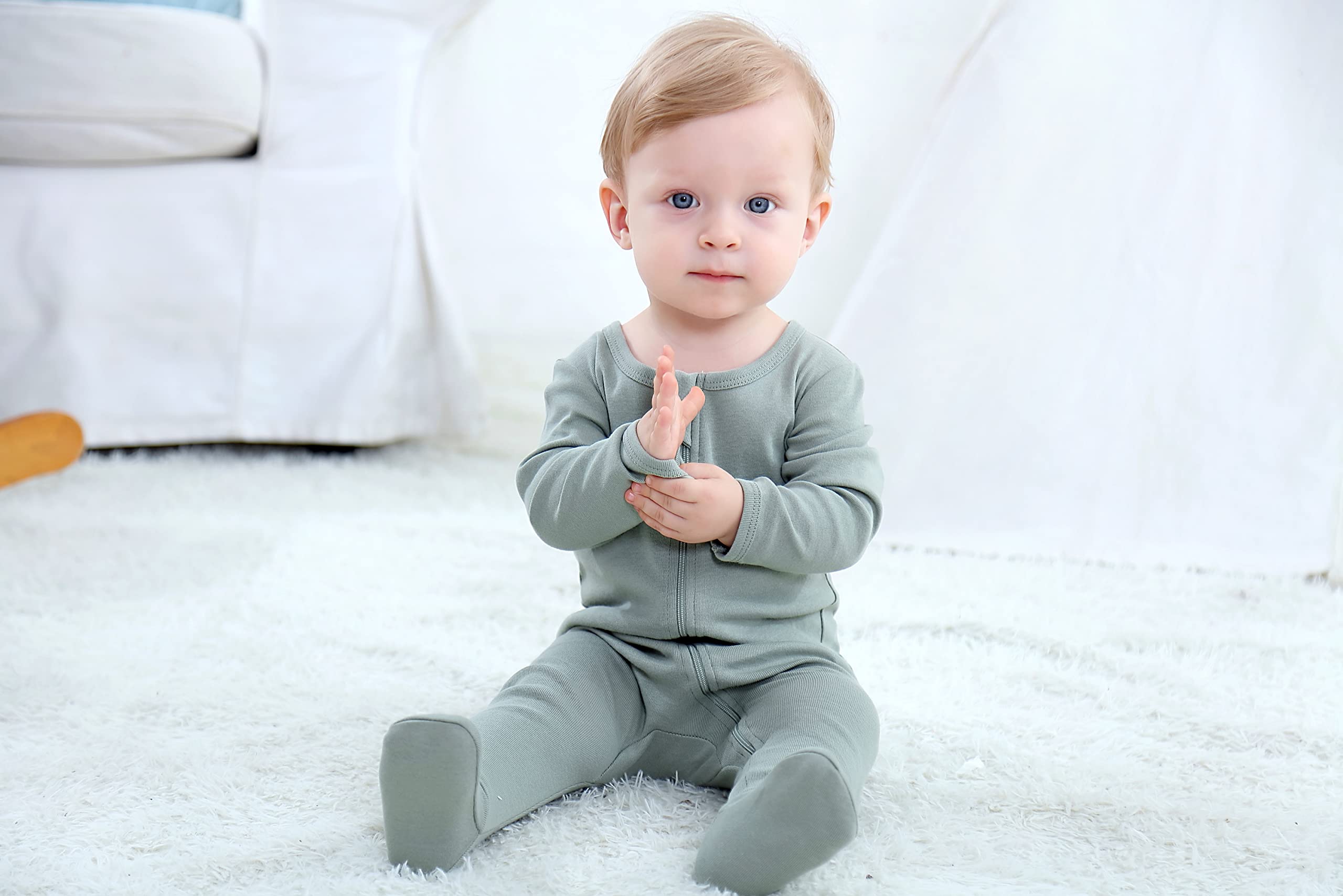 O2 BABY Baby Boys Girls Organic Cotton Zip Front Sleeper Pajamas, Footed Sleep 'n Play(0-3 Months, Sage)