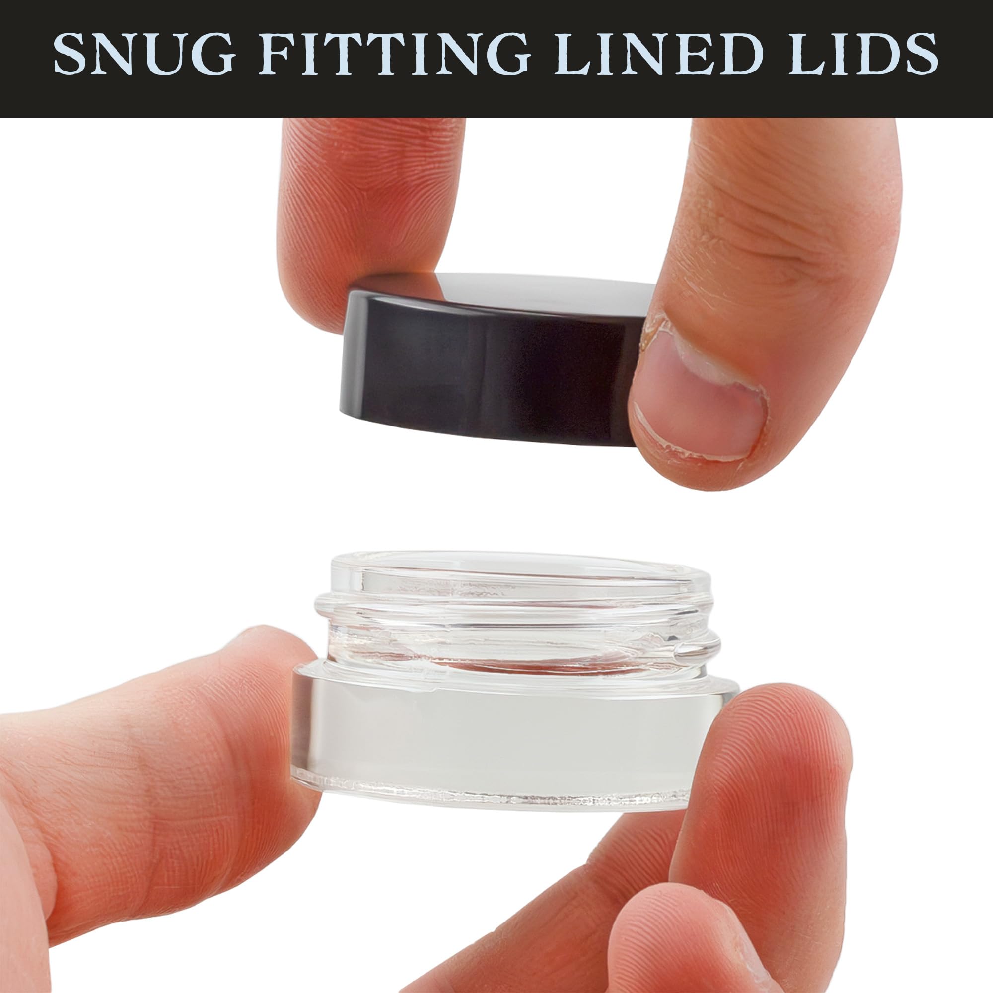 Cornucopia Brands 7-Milliliter Clear Glass Balm Jars (12-Pack); 1/4 oz Cosmetic Jars w/Lined Black Plastic Lids