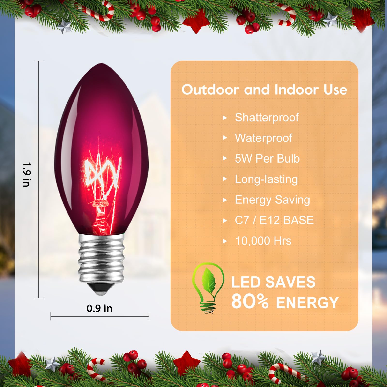 25 Pack Clear Christmas Light Bulbs, E12 Candelabra Base, 5 Watt for String Lights, Replacement C7 Incandescent Bulbs