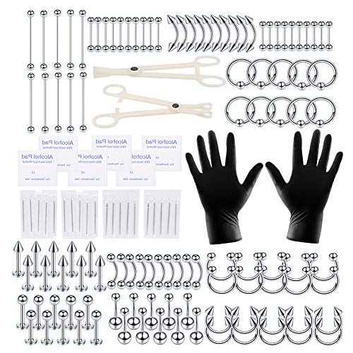 Xpircn 140PCS Piercing Kit Stainless Steel 14G 16G Nose Lip Tongue Tragus Daith Eyebrow Industrial Barbell Belly Button Rings Body Piercing Tools (Silver)