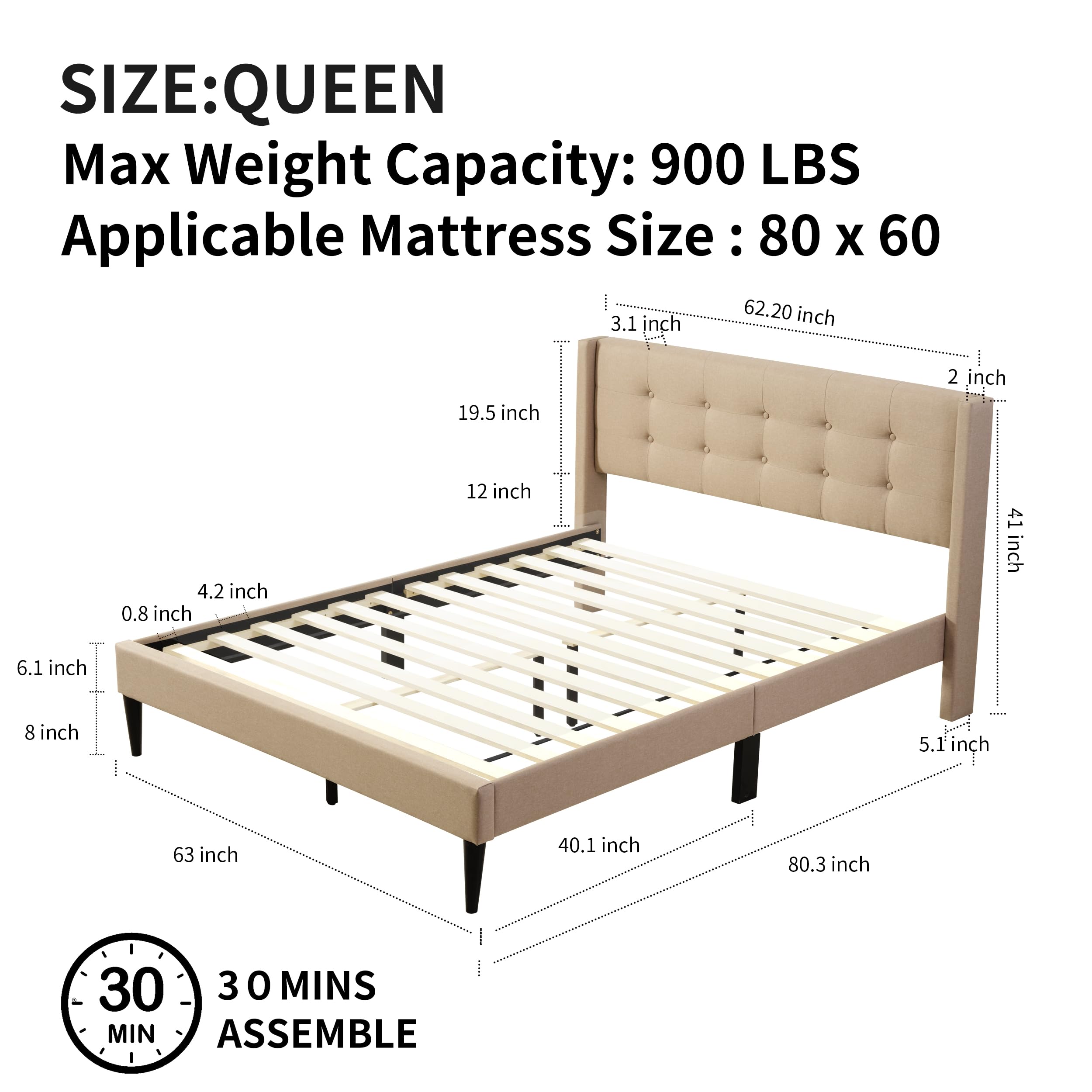 PrimeZone Queen Size Bed Frame - Modern Platform Bed Frame with Wingback Tufted Headboard, Linen Fabric Upholstered Bedroom Bedframe with FSC-Certified Poplar Wood Slats, No Box Spring Needed, Grey