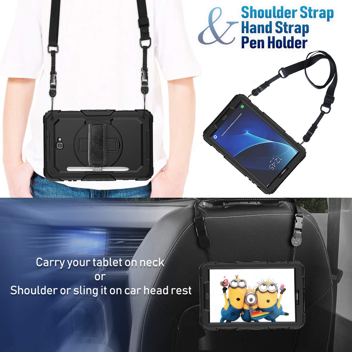 Timecity Case for Samsung Galaxy Tab A 10.1 inch 2016 Release, SM-T580 T585 T587 Case, Heavy Duty Protection Case with Screen Protector, Stand, Hand Strap and Shoulder Strap Stylus Holder - Black