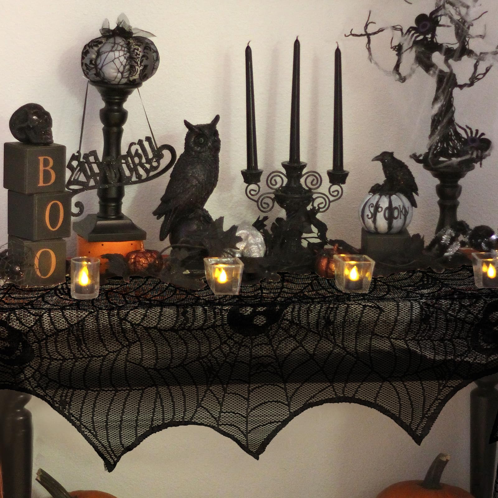 AerWo Halloween Decorations Indoor Halloween Fireplace Mantel Scarf, Black Lace Spiderweb Fireplace Cover for Halloween Mantle Decor Festive Party Supplies,18 x 98 inch