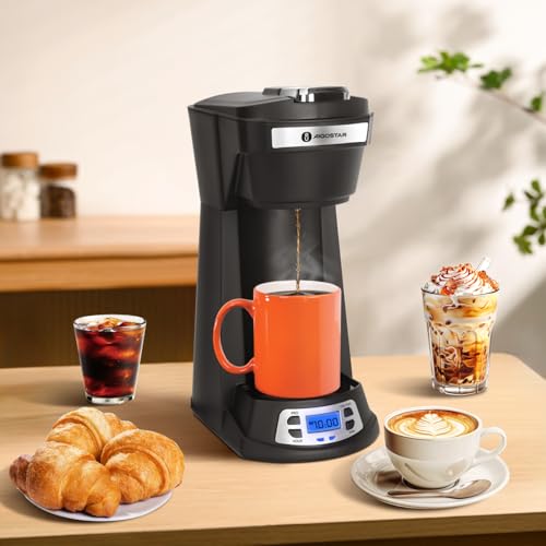 Aigostar Single Serve Coffee Maker for K Cup and Ground Coffee, 24H Timer, 6 to 14 Oz Brew Sizes, Single Cup Coffee Maker with Self-Cleaning, Fits Travel Mug, Fast Brewing Capsule Coffee Machine,Black