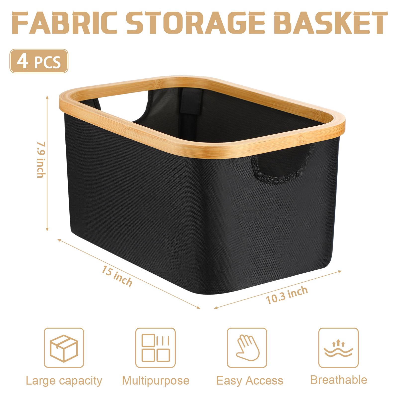 Hushee 4 Pack Black Collapsible Storage Baskets Bins Foldable Fabric Storage Bins with Bamboo Handle for Organizing Shelves Closet Bedroom Blankets Toys Storage Organizer Containers, 15"x10.3"x7.9"
