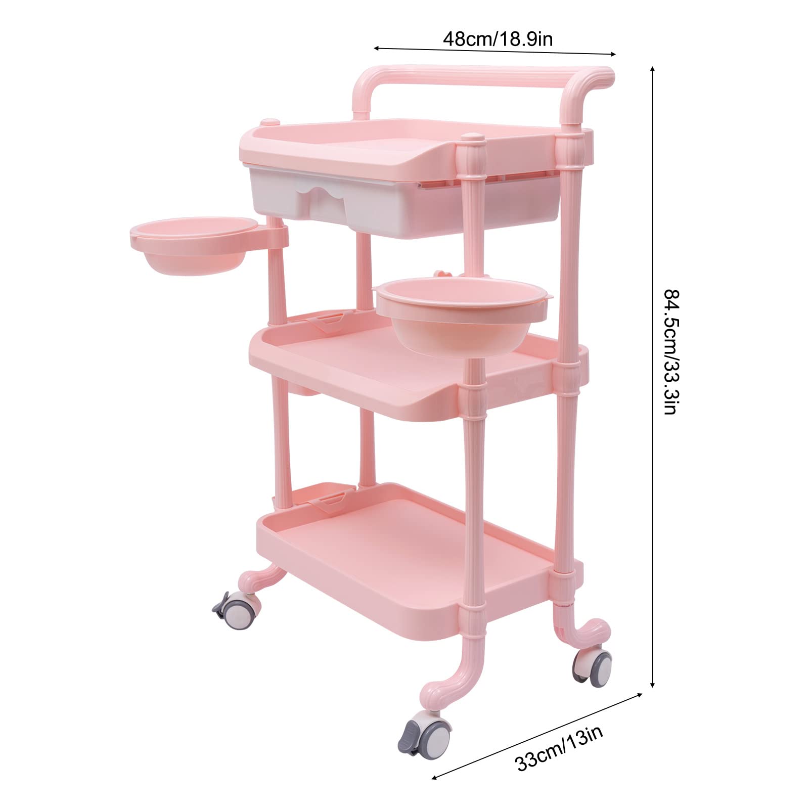 3 Tier Rolling Salon Trolley Stand Be-au-ty S-P-A Storage Organizer Stand Mobile Service Cart Storage Tray for Equipment Hair Salon Tool Rack, 330lbs Loading,18.9x13x33.3in (Pink)