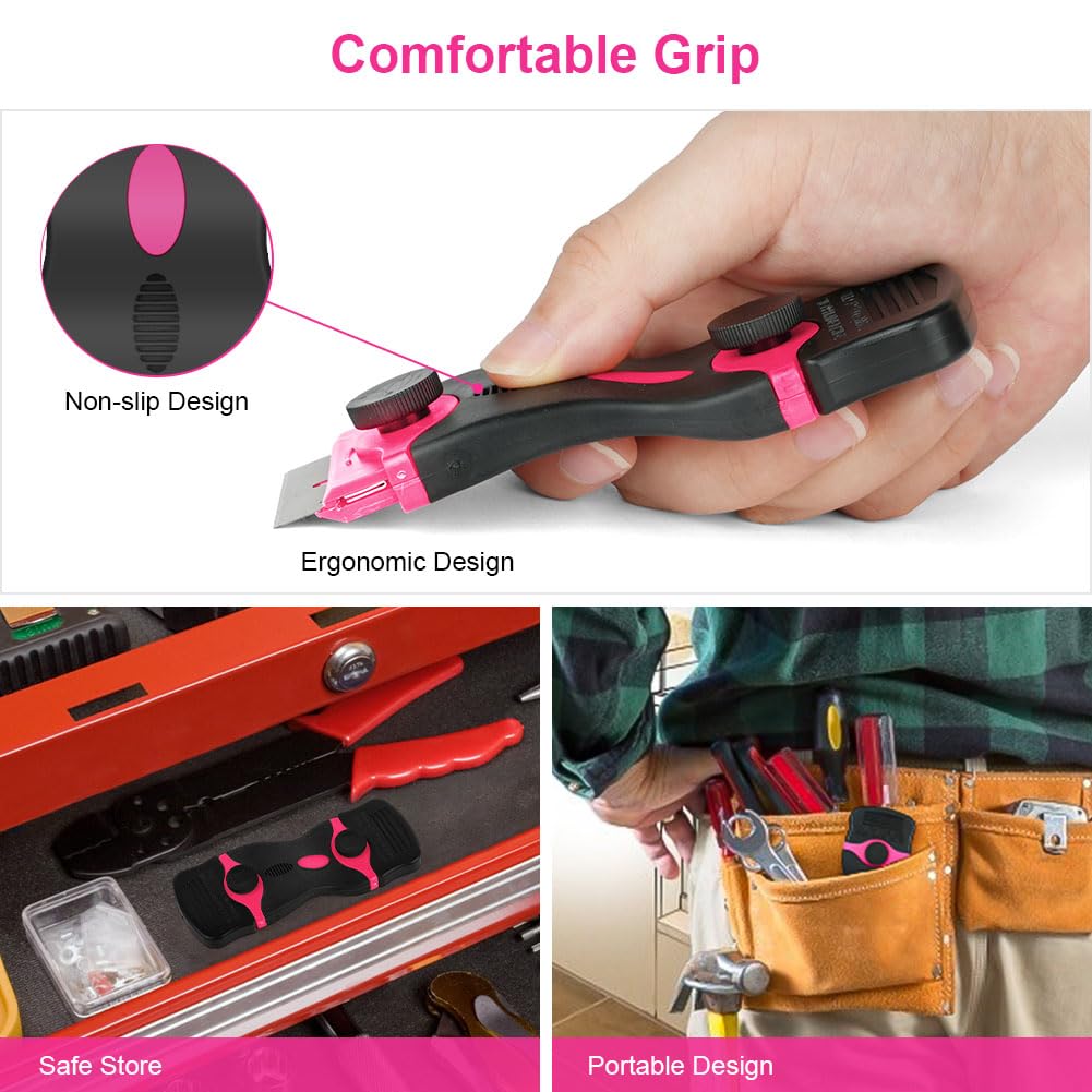 Ainiv Razor Blade Scraper, 2-in-1 Scraper Tool with 10PCS Metal Blades and 10PCS Plastic Blades, Multi-funtional Cleaning Razor Scraper for Decals, Stickers, Labels, Caulk, Adhesive Removal(Pink)