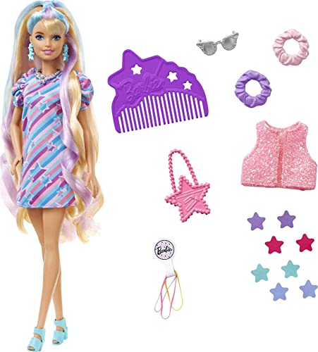 Barbie Totally Hair Doll, Star-Themed with 8.5-Inch Fantasy Hair & 15 Styling Accessories (8 with Color-Change Feature)
