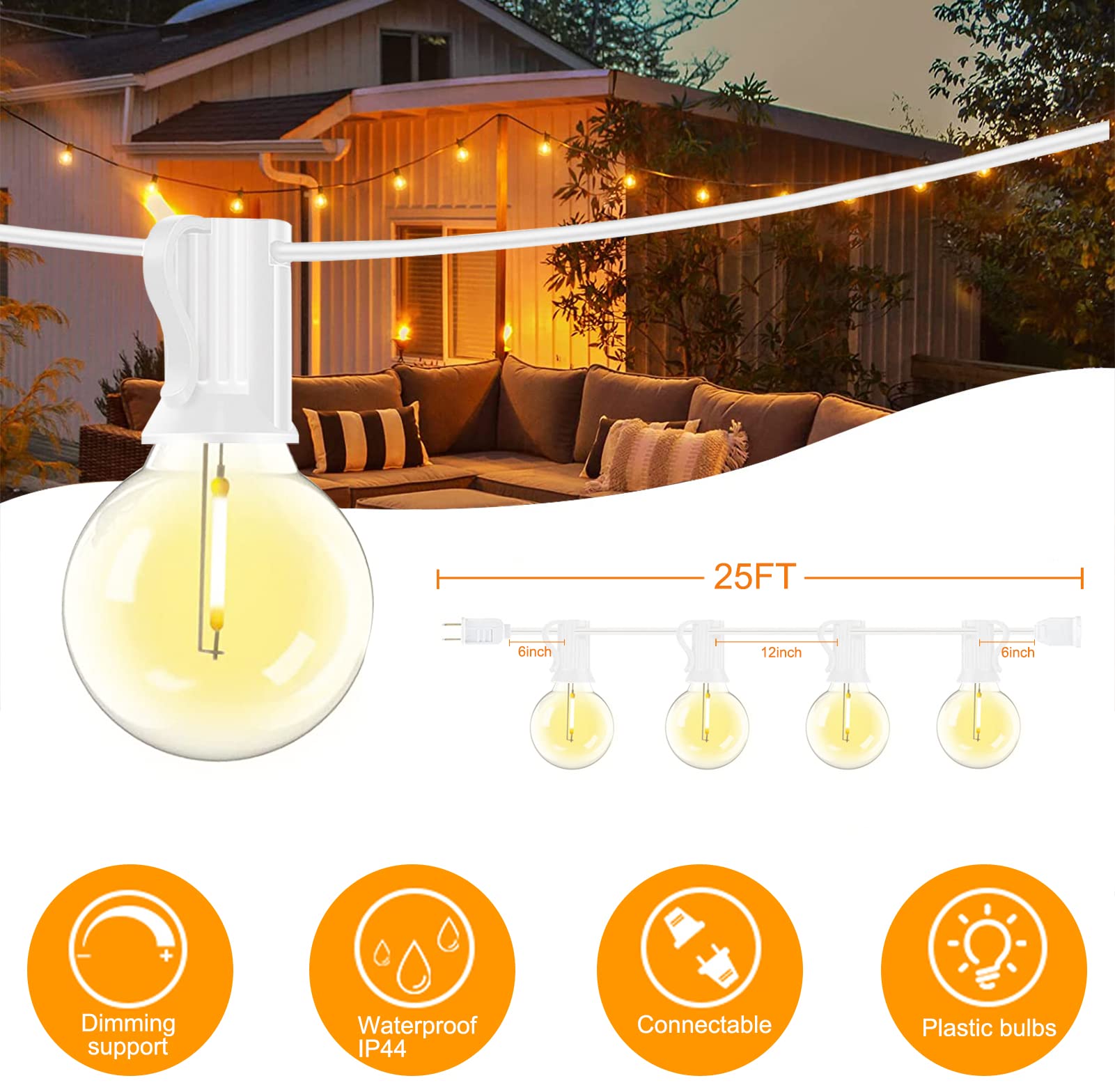 Abeja 25Ft LED Outdoor String Lights, Patio Globe String Lights with 27 Shatterproof LED Clear Bulbs(2 Spare), Hanging Patio String Lights for Backyard Decor Bistro Party Yard Decor- White Wire