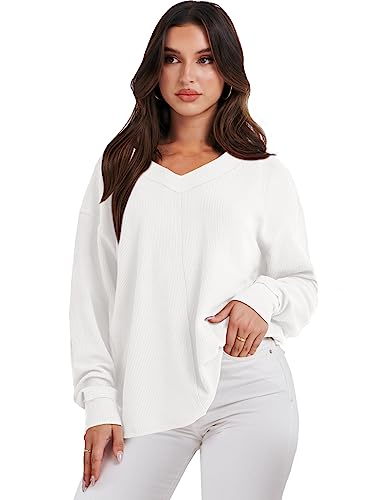ANRABESS Women’s Casual Long Sleeve Sweatshirt V Neck Off Shoulder Shirt Loose Baggy Comfy Knit Pullover Sweaters Tunic Top 2023 Fall Clothes A1069baise-XL White
