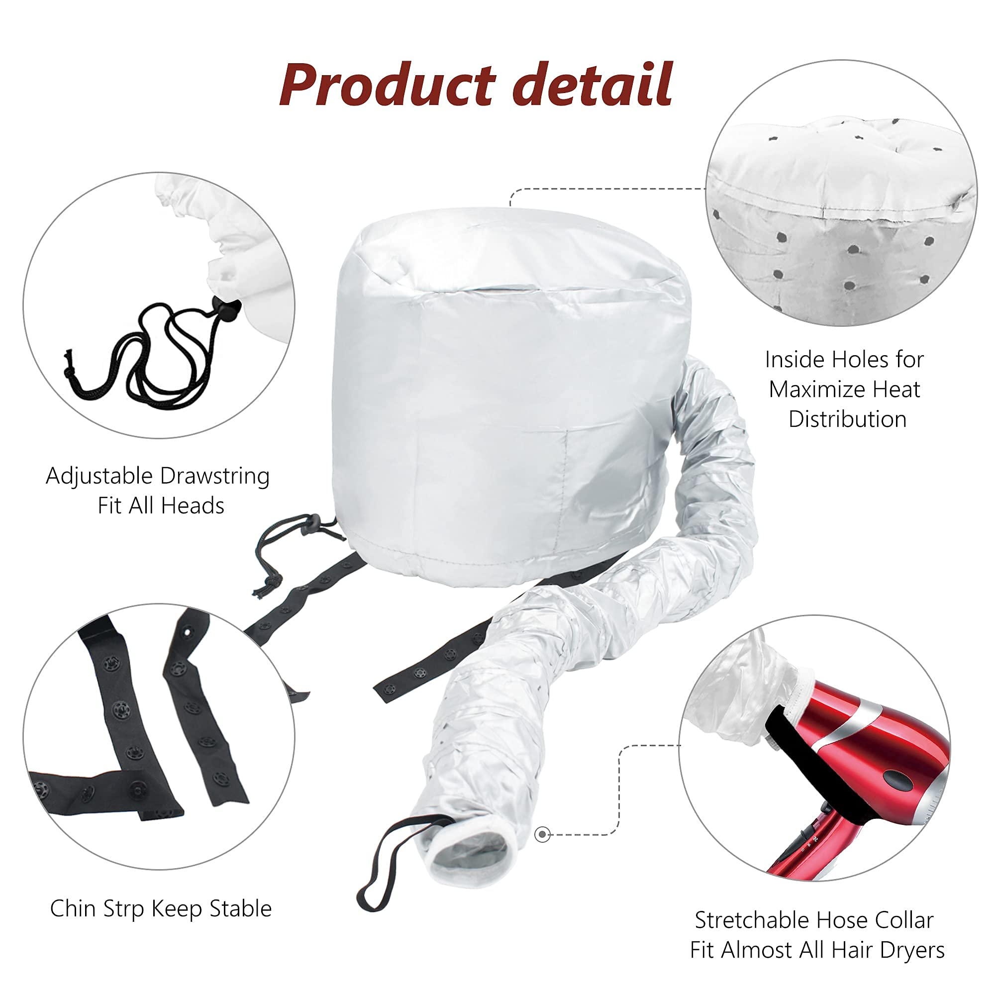 Portable Hair Dryer Bonnet Attachment for Hair Styling, Hair Color, Hair Condition and More - Silver