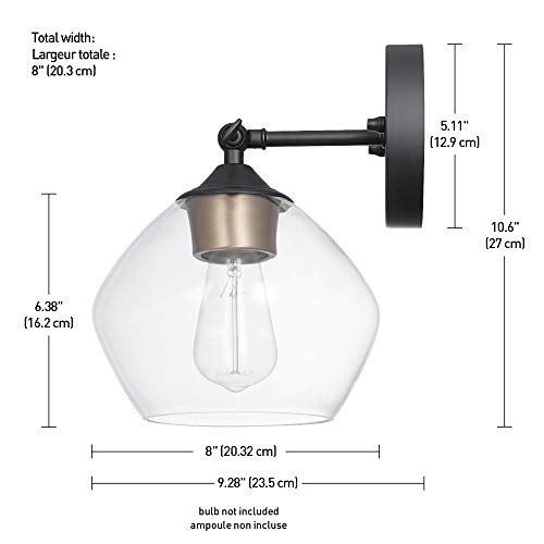 Globe Electric 51367 1-Light Wall Sconce, Matte Black, Gold Accent Socket, Clear Glass Shade, Wall Lighting, Wall Lamp Dimmable, Wall Lights for Bedroom, Kitchen Sconces Wall Lighting, Home Décor