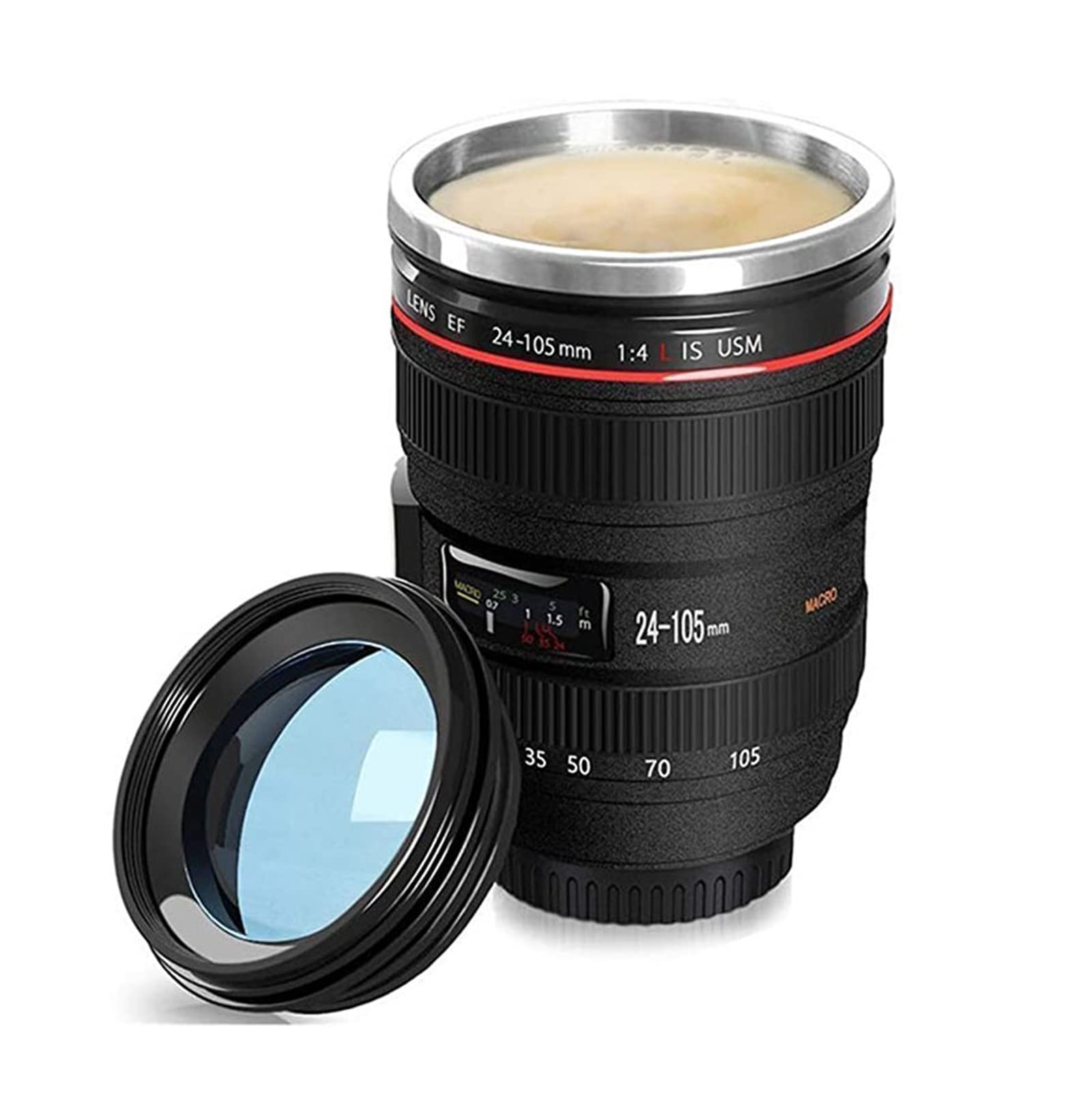 Camera Lens Coffee Mug, Cameras Lens Mug, Travel Coffee Photographers Mugs Stainless Steel Len Mug Interesting Custom Gifts for Women/Men (Black)