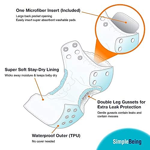 Simple Being Reusable Cloth Diapers, Double Gusset, One Size Adjustable, Washable Soft Absorbent, Waterproof Cover, Eco-Friendly Unisex Baby Girl Boy, six 4-Layers Microfiber Inserts (Constellations)
