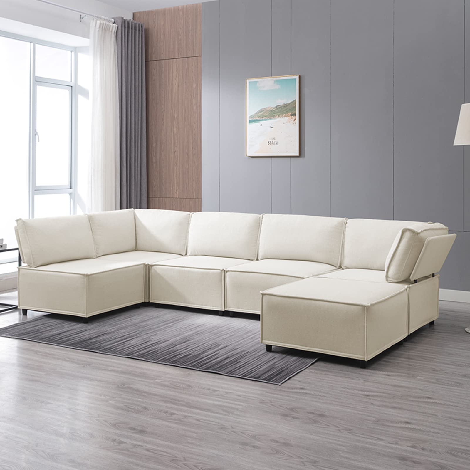 Mixoy Convertible Sectional Sofa, U/L Shaped Modular Couch with Ottoman, Sleeper Sofa & Oversized Couch for Living Room, Apartment - Beige